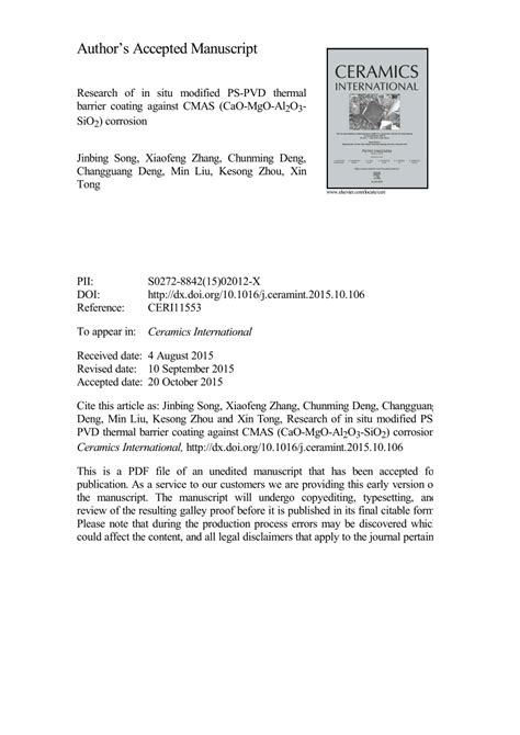 Pdf Research Of In Situ Modified Ps Pvd Thermal Barrier Coating Against Cmas Caomgoal2o3