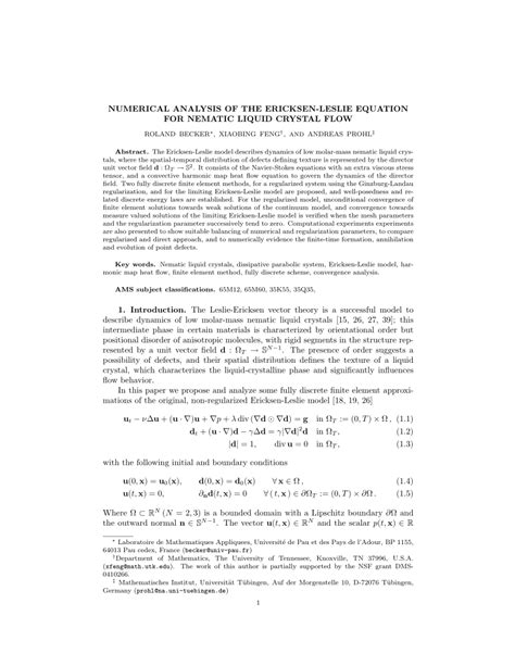 Pdf Finite Element Approximations Of The Ericksenleslie Model For Nematic Liquid Crystal Flow