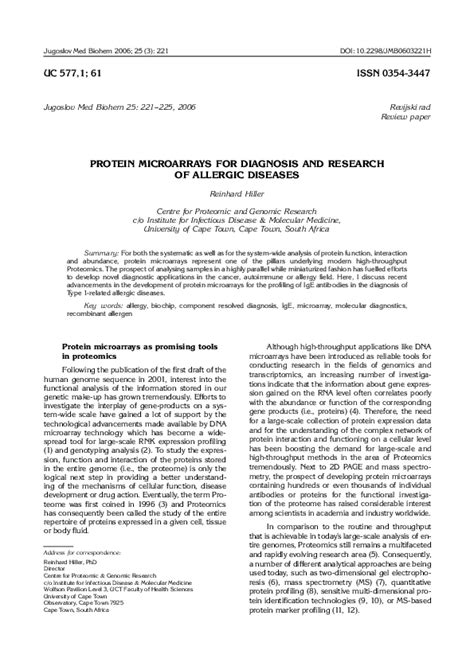Pdf Protein Microarrays For Diagnosis And Research Of Allergic Diseases