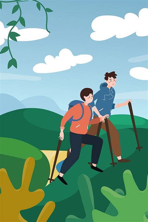 卡通爬山春游出行春分踏青户外运动海报插画 花瓣网
