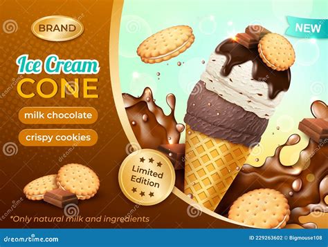 Realistic Detailed 3d Milk Chocolate With Crispy Cookies Ice Cream Cone Ads Banner Concept