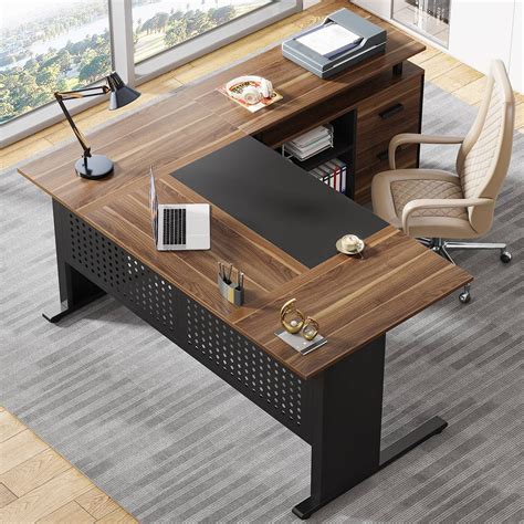 Tribesigns L Shaped Desk 63 Computer Executive Desk With File Cabinet Rustic Brown Black