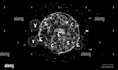 Image Of Globe Of Connections With Currency Symbols And Data Processing On Black Background