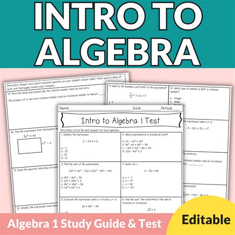 Intro To Algebra Test And Study Guide Editable Assessment For 8th 10th Intro To Algebra Test And Study Guide Editable Assessment For 8th 10th