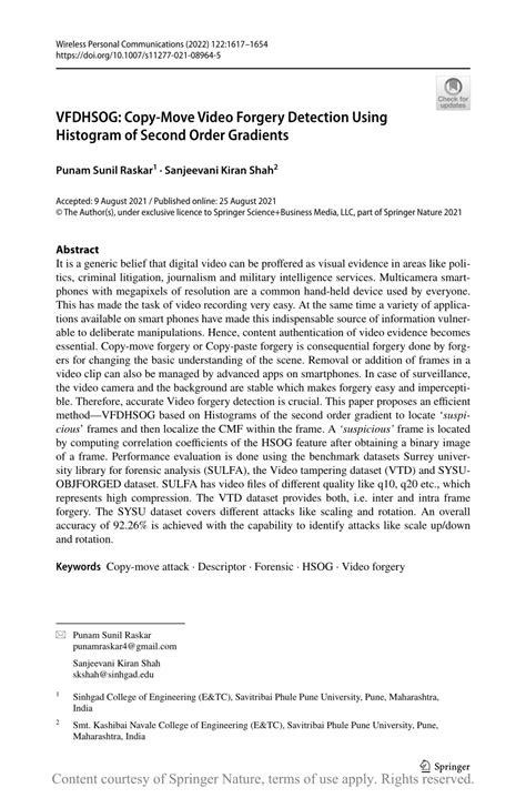 Vfdhsog Copy Move Video Forgery Detection Using Histogram Of Second Order Gradients
