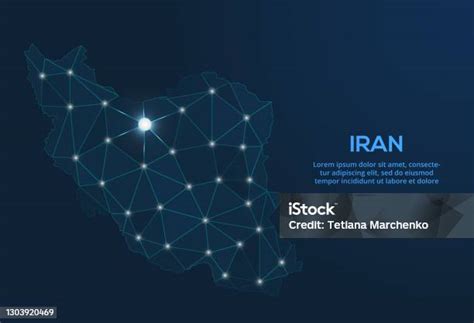 이란 통신 네트워크 지도 도시의 형태로 조명이 있는 전역 맵의 낮은 폴리 이미지를 벡터로 표시합니다 별자리 음소거 및 별의 형태로지도 0명에 대한 스톡 벡터 아트 및 기타