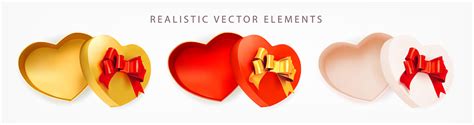 흰색 배경에 빨간색 금 활 발렌타인 빈 상자 하트 세트 기프트 박스를 엽니다 3d 사실적 벡터 현실적인 선물의 컬렉션은 플랫 레이 상단보기를 제공합니다 벡터 그림입니다 2