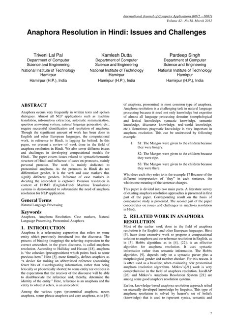 Pdf Anaphora Resolution In Hindi Issues And Challenges
