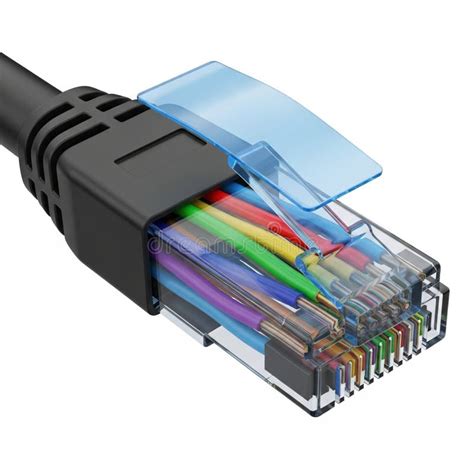 Close Up Of Rj45 Ethernet Cables With Vibrant Led Lights Stock
