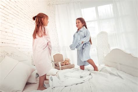 Cute Pretty Girls Being In Their Dads Shirts Stock Image Image Of