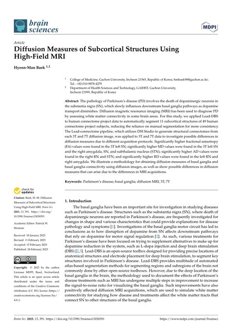 Pdf Diffusion Measures Of Subcortical Structures Using High Field Mri