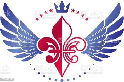 빅토리아 날개 상징은 백합 꽃 군주 크라운과 오각형 별을 사용 하 여 구성 로얄 품질 상 벡터 디자인 요소 비즈니스 라벨입니다 고급에 대한 스톡 벡터 아트 및 기타 이미지