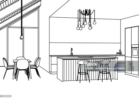 현대적인 집 인테리어 내부의 선형 스케치 3d 렌더링 그리기에 대한 스톡 벡터 아트 및 기타 이미지 그리기 식당 3차원 형태 Istock