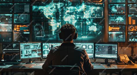 Silhouetted Hacker Monitoring Global Data Network With Multiple Monitors Premium Ai Generated