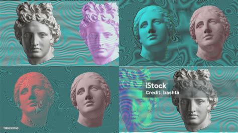 초현실적 인 스타일의 골동품 동상 머리와 현대 미술 개념 콜라주 현대 특이한 예술 강렬하고 밝은 색상에 대한 스톡 사진 및 기타 이미지 강렬하고 밝은 색상 개념