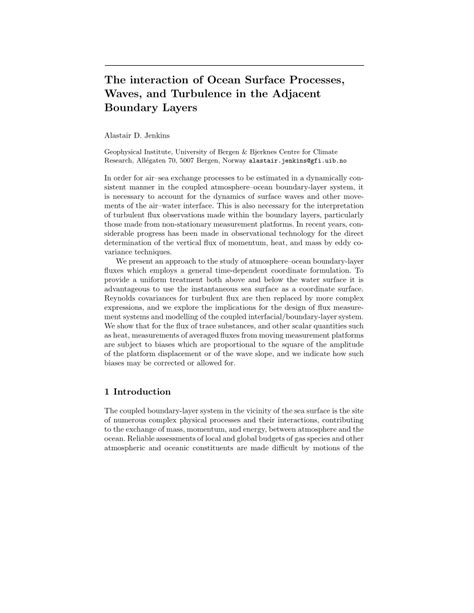 Pdf The Interaction Of Ocean Surface Processes Waves And Turbulence In The Adjacent Boundary