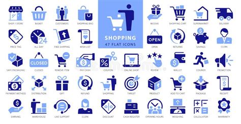 Shopping Flat Icons Collection Blue Flat Style Bi Color Web Icon Set