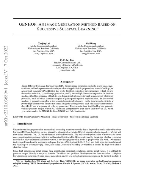 Pdf Genhop An Image Generation Method Based On Successive Subspace Learning