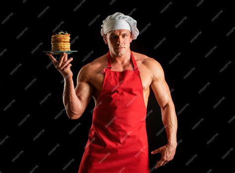 Premium Photo Sexy Man In Chefs Hat With Sweet Homemade Stack Of