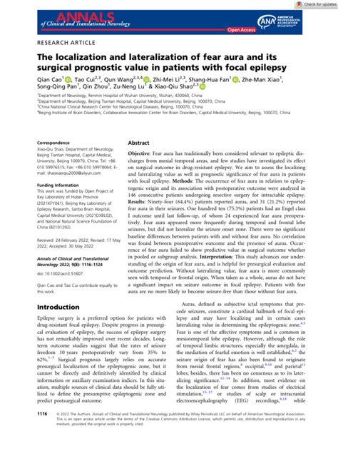 Ann Clin Transl Neurol 2022 Cao The Localization And Lateralization Of Fear Aura And Its