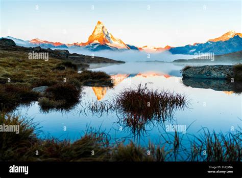 Matterhorn Mountain Reflection Lake Stellisee Sunrise Hi Res Stock