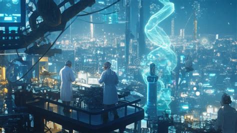 Two Scientists In Lab Coats Stand On A Platform Overlooking A