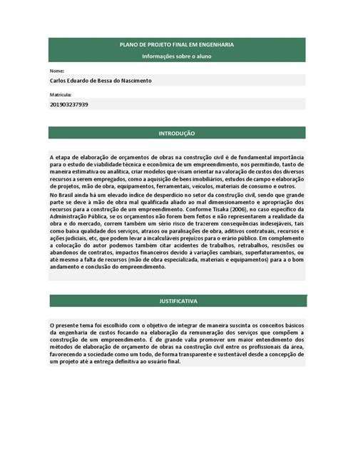 Plano De Projeto Final Em Engenharia Pdf Orçamento Economia