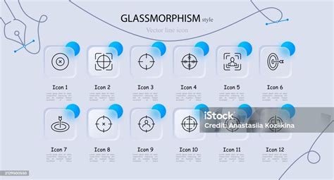 시력 아이콘 세트 표적 전방 시야 저격수 조준 광학 총 사격 사격 방아쇠 엉덩이 총알 소총 권총 Glassmorphism 스타일 비즈니스 및 광고를 위한 벡터 라인 아이콘