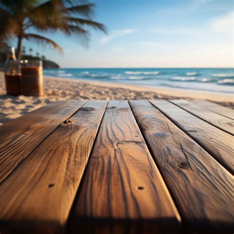 Blurred Coastal Canvas Wood Floor Deck Ready For Displaying Products