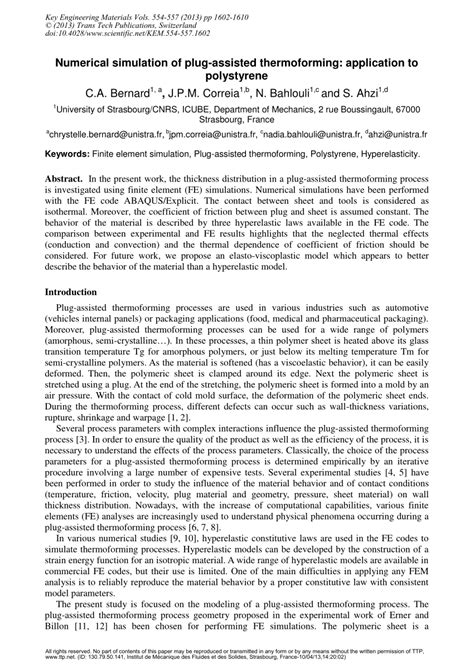 Pdf Numerical Simulation Of Plug Assisted Thermoforming Process Application To Polystyrene