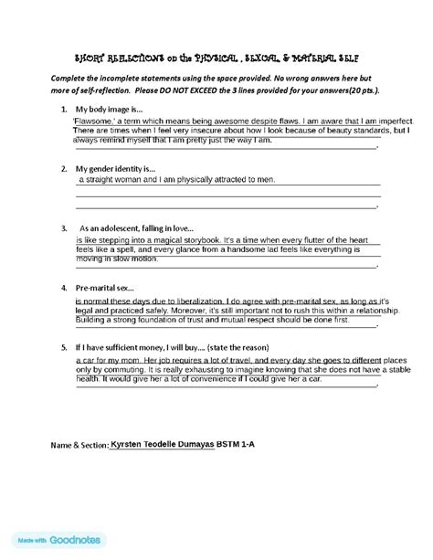 Self Reflection SHORT REFLECTIONS On The PHYSICAL SEXUAL MATERIAL SELF Complete The Studocu