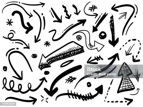 손으로 그린 추상적 인 화살표 만화 낙서 요소 세트 컨셉 디자인에 사용합니다 흰색 배경에 고립되어 있습니다 벡터 일러스트 레이 션 개체 그룹에 대한 스톡 벡터 아트 및 기타