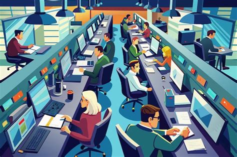 Premium Vector Illustration Of A Busy Office Environment With Multiple Workers At Desks Using