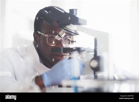 The Scientist Works With A Microscope In A Laboratory Conducting Experiments And Formulas Stock