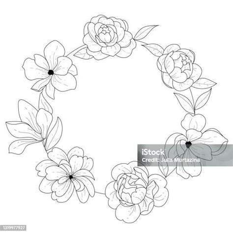 식물 학적 그림 꽃 화환 흑백 구성 흰색 배경에 꽃 선형 아트의 손 그림을 스케치합니다 벡터 일러스트레이션 검은색에 대한 스톡 벡터 아트 및 기타 이미지 Istock