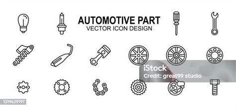 자동차 및 오토바이 부품 관련 벡터 아이콘 사용자 인터페이스 그래픽 디자인 전구 드라이버 렌치 충격 차단기 서스펜션 머플러 배기 등의 아이콘이 포함되어 있습니다 가장자리에