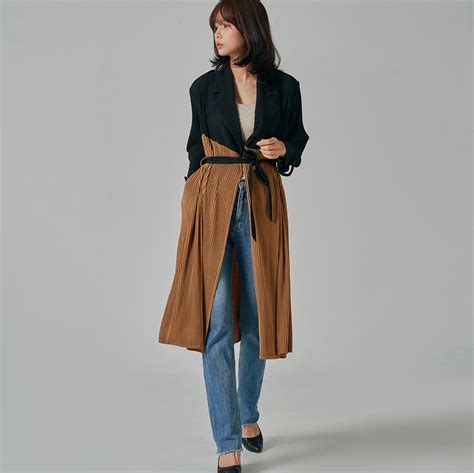 플리츠 골지주름 배색 롱코트