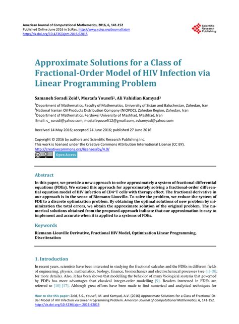 Pdf Approximate Solutions For A Class Of Fractional Order Model Of Hiv Infection Via Linear