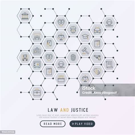 얇은 선 아이콘으로 넓어짐에 법과 정의 개념 판사 경찰관 변호사 지문 배 심원 계약 증인 비늘 배너 웹 페이지 인쇄 매체에 대 한 벡터 일러스트 개념에 대한 스톡 벡터 아트