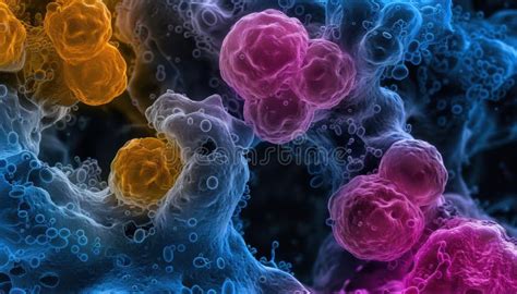 Colorful Microscopic View Of Cells Interacting In A Biological Environment At High Magnification