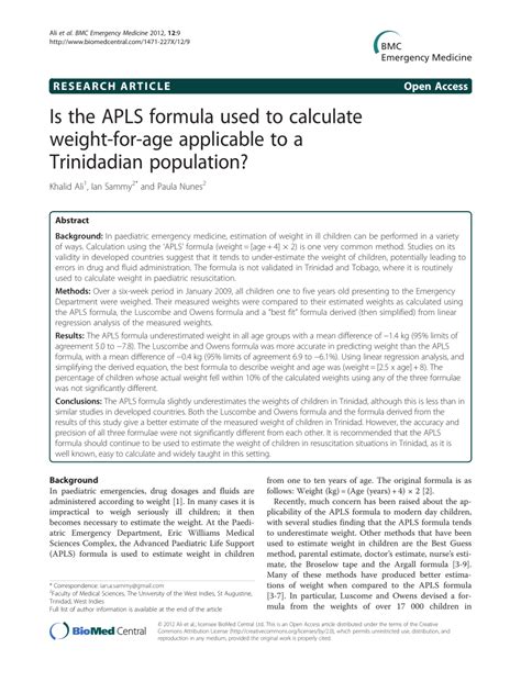 Pdf Is The Apls Formula Used To Calculate Weight For Age Applicable To A Trinidadian Population
