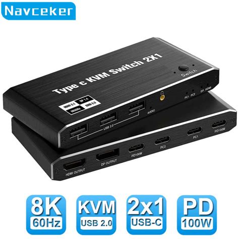 Navceker 2x1 8k Thunderbolt 4 Usb C Kvm Switch 100w Pd Charge 4k 144hz Type C Kvm Switch Switch
