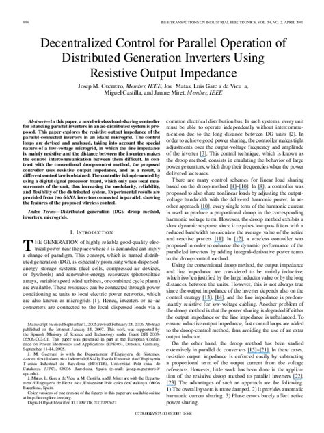 Pdf Decentralized Control For Parallel Operation Of Distributed Generation Inverters Using