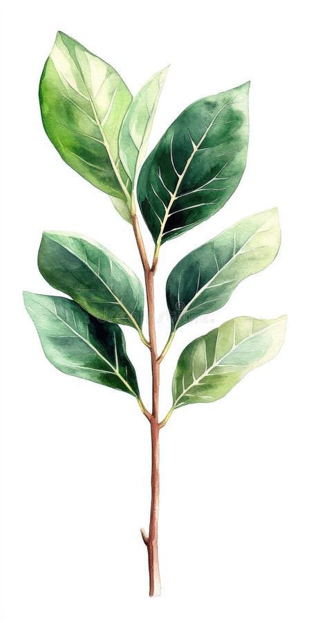 Detailed Illustration Of A Ficus Elastica Stem With Lush Green Leaves Stock Illustration