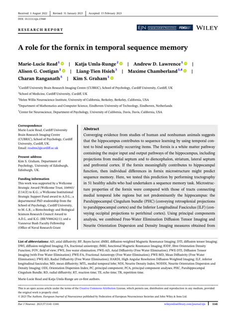 A Role For The Fornix In Temporal Sequence Memory Pdf Hippocampus