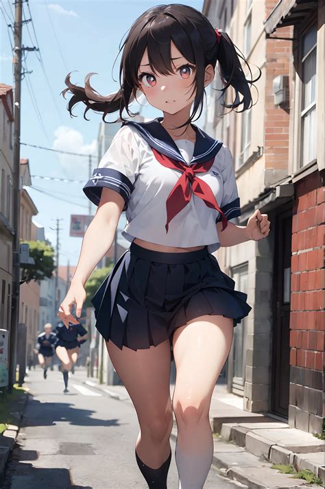 Anime Girl In A Short Skirt And A Sailor Outfit Running Down A Street