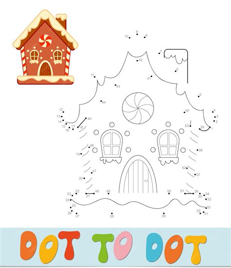 Dot To Dot 크리스마스 퍼즐입니다 점 게임을 연결합니다 진저 브레드 하우스 벡터 일러스트 레이 션 프리미엄 벡터