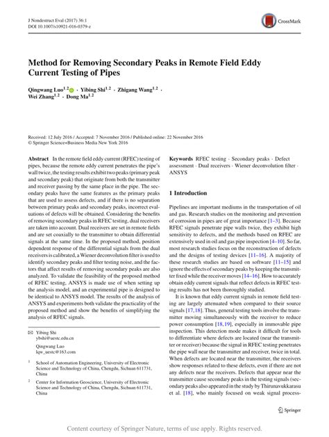 Method For Removing Secondary Peaks In Remote Field Eddy Current Testing Of Pipes Request Pdf