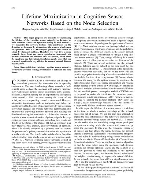 Pdf Lifetime Maximization In Cognitive Sensor Networks Based On The