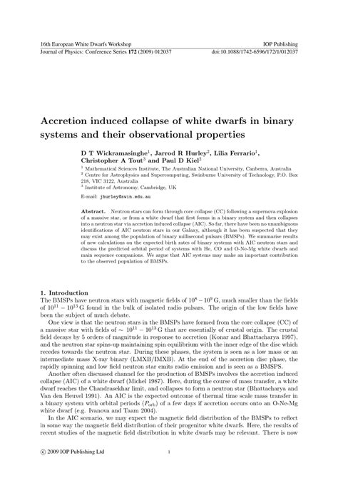 Pdf Accretion Induced Collapse Of White Dwarfs In Binary Systems And Their Observational